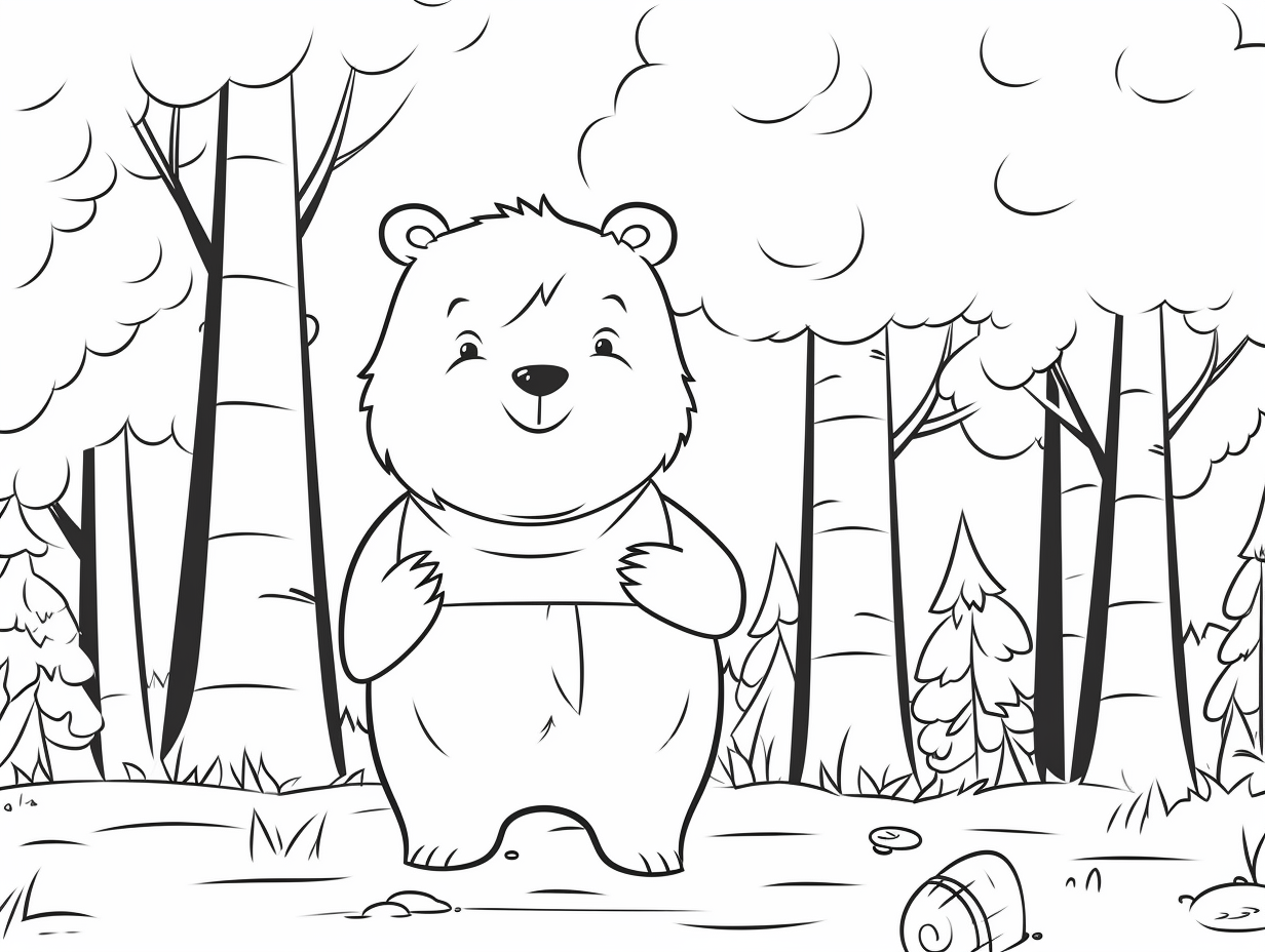 A Cute Happy Bear In The Forest - Coloring Page