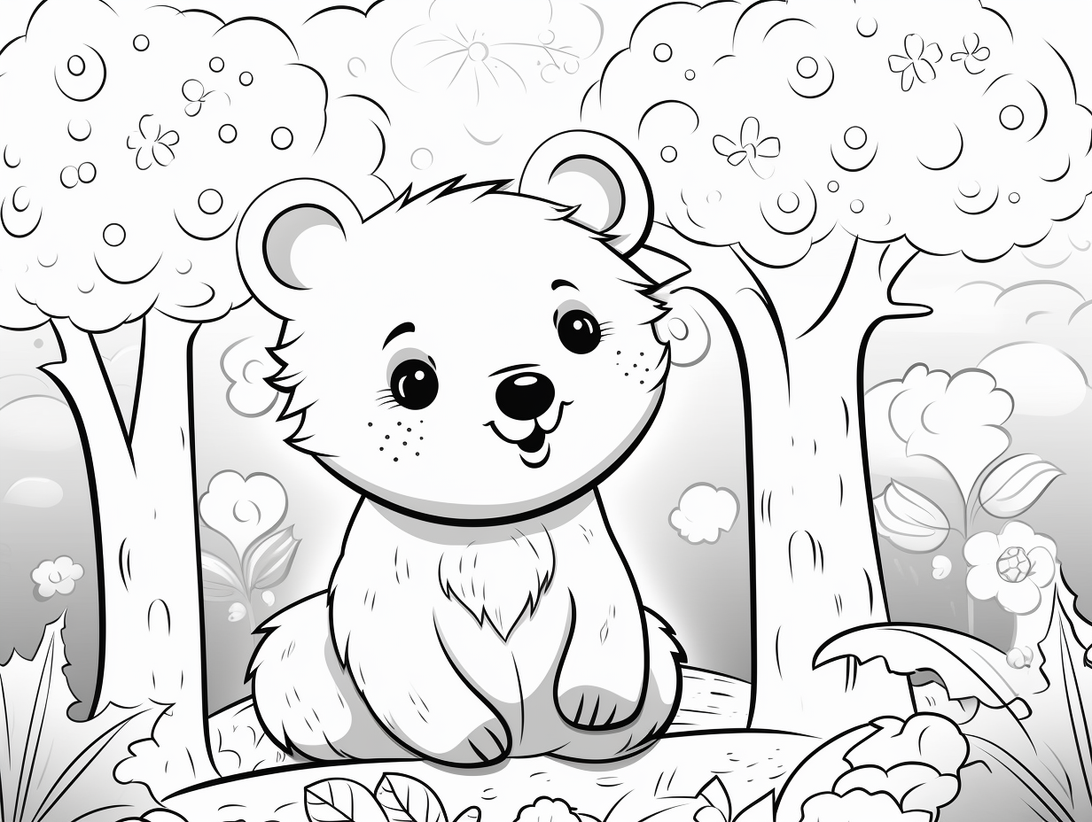 A Cute Happy Bear Under A Tree - Coloring Page