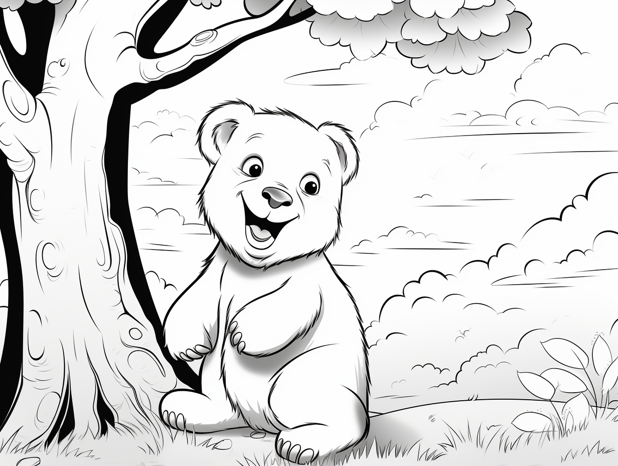A Cute Happy Bear Under A Tree - Coloring Page