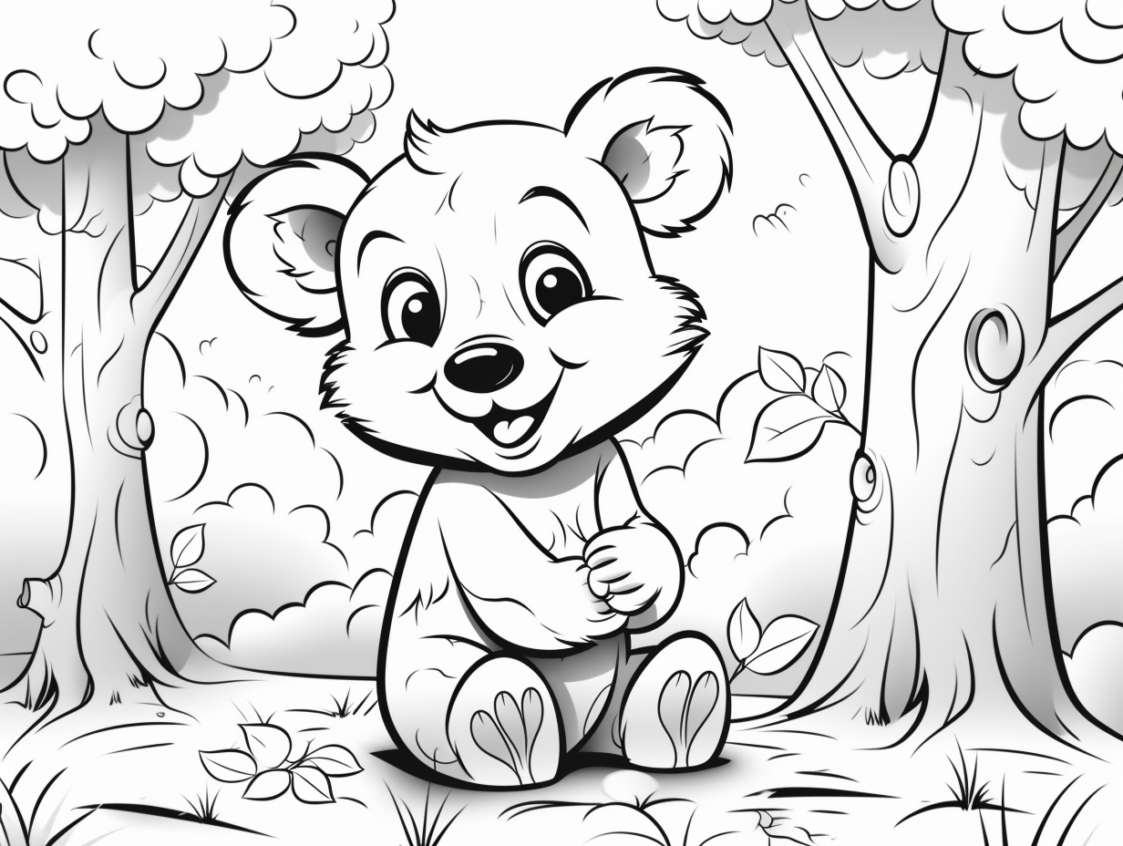 A Cute Happy Bear Under A Tree - Coloring Page