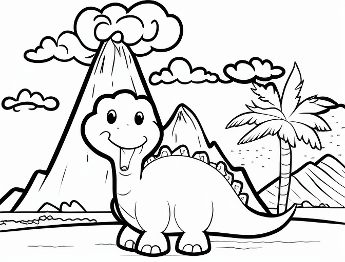 A Cute Happy Dinosaur Next To A Volcano - Coloring Page
