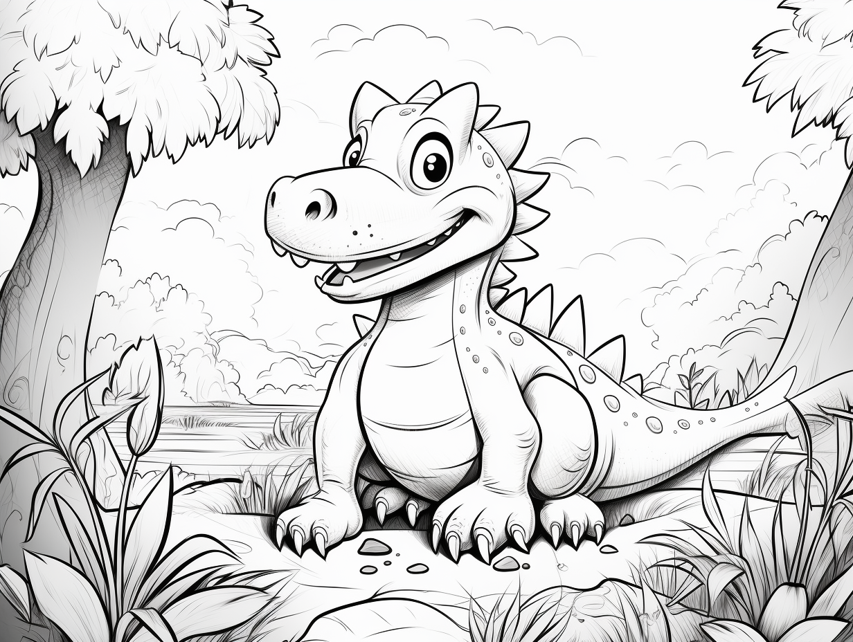 A Cute Happy Dinosaur Under A Tree - Coloring Page