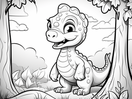 A Cute Happy Dinosaur Under A Tree - Coloring Page