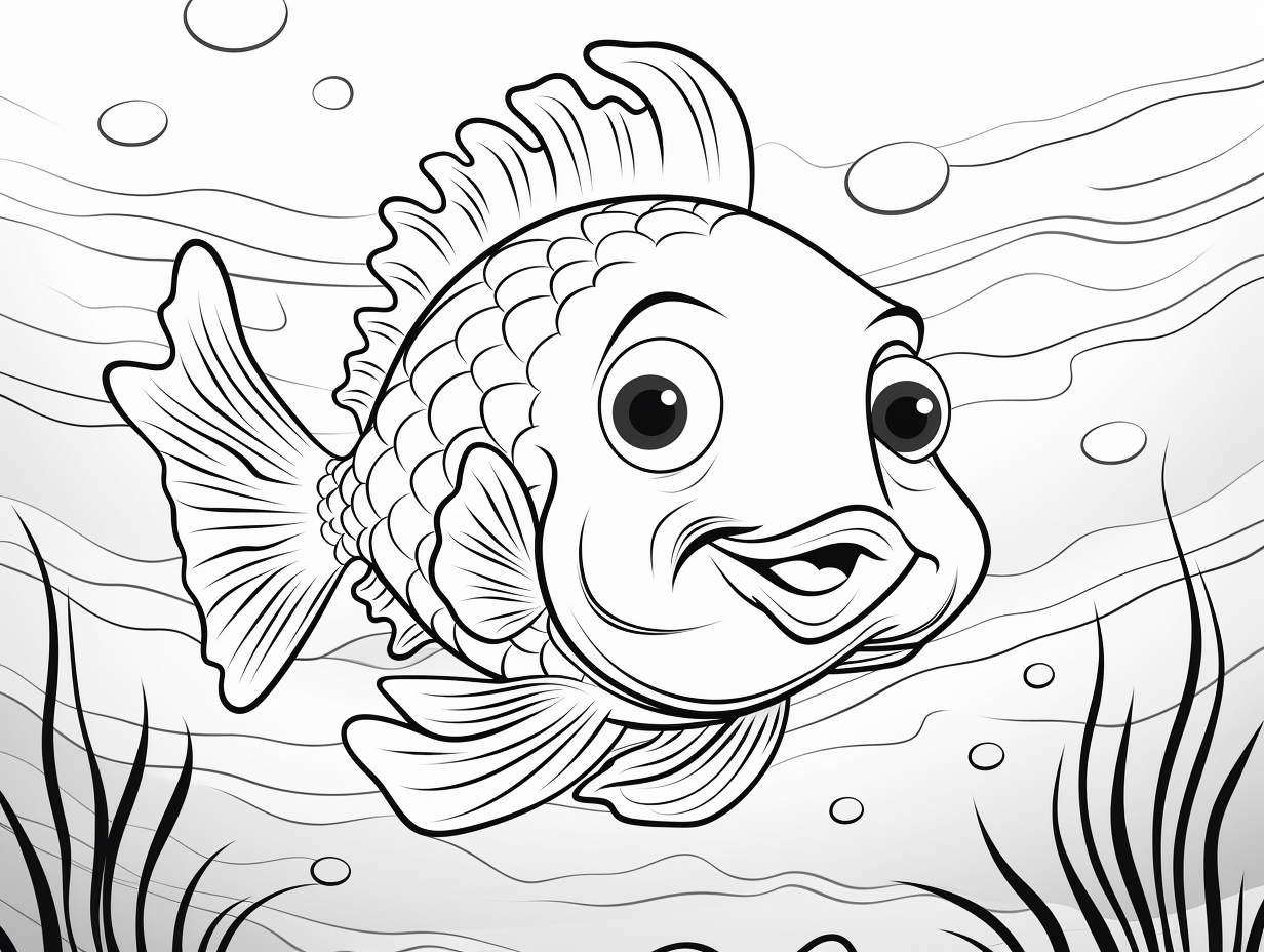 A Cute Happy Fish Near Coral - Coloring Page