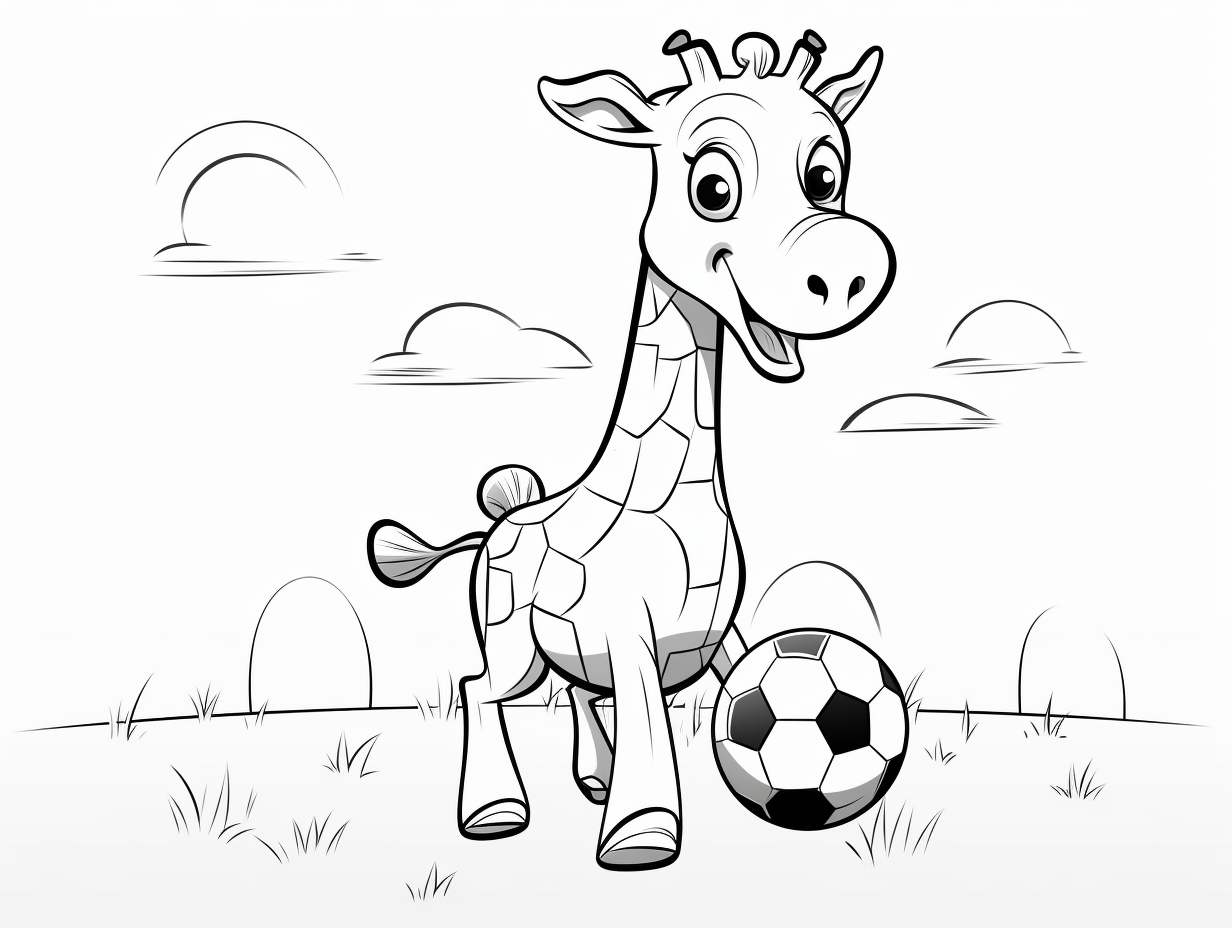 A Cute Happy Giraffe Playing Soccer - Coloring Page