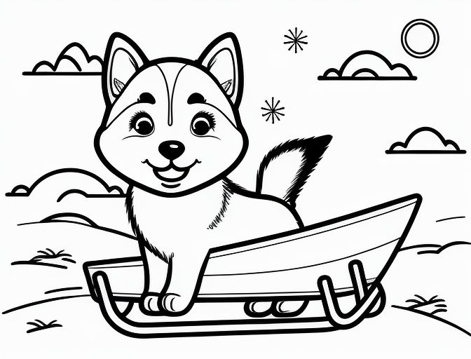 A Cute Happy Husky Next To A Sled - Coloring Page