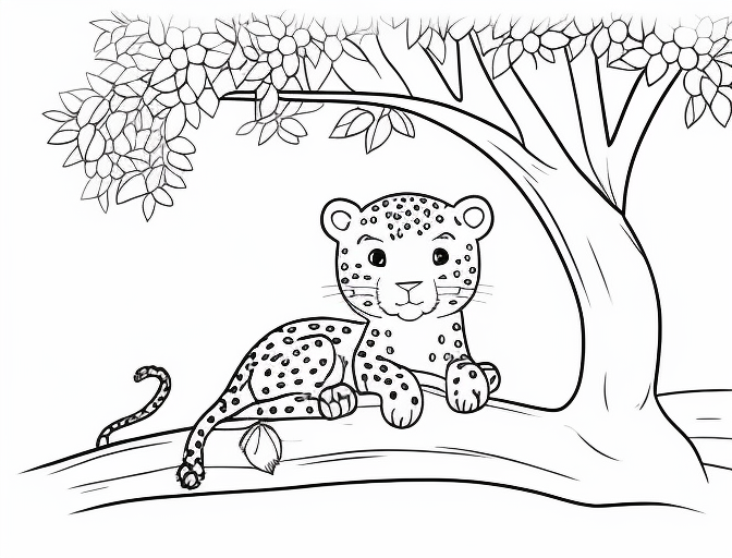 A Cute Happy Leopard Resting Under A Tree - Coloring Page