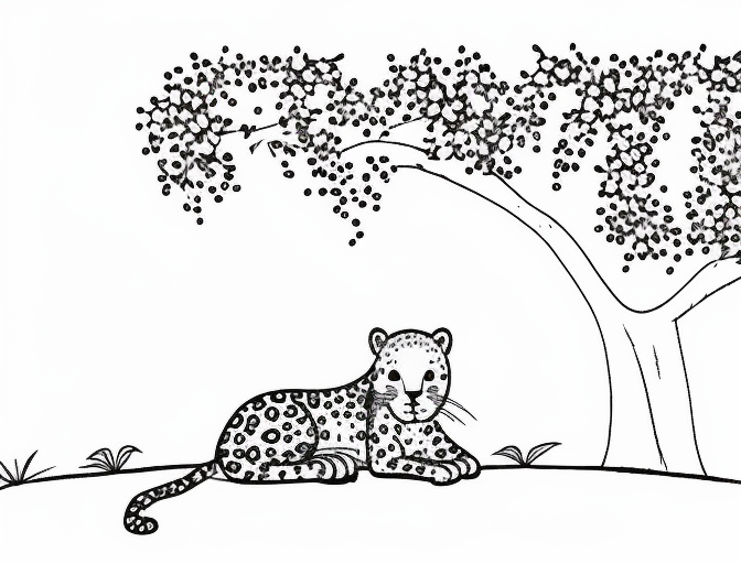 A Cute Happy Leopard Resting Under A Tree - Coloring Page