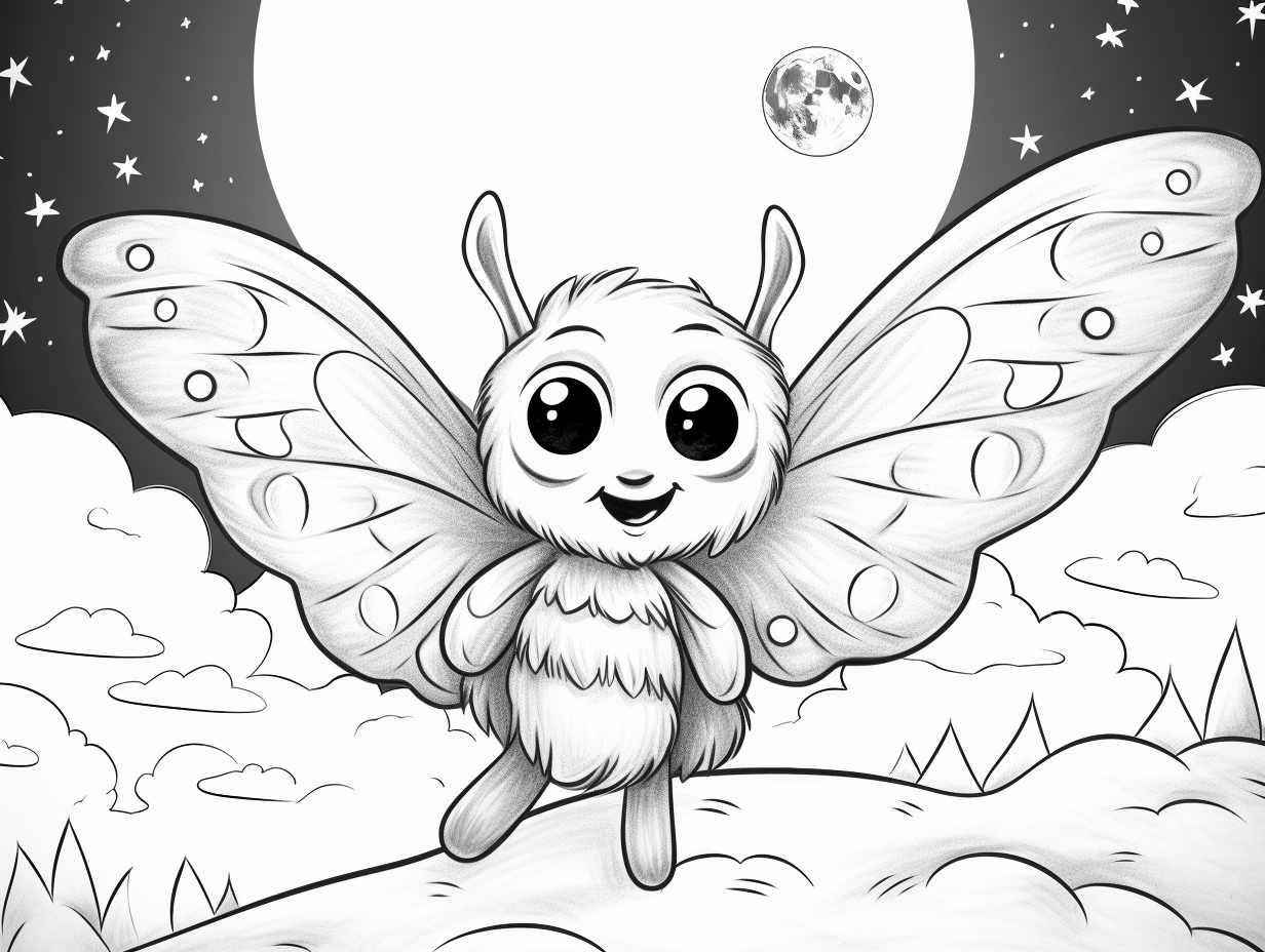 A Cute Happy Moth Flying Under A Moonlit Sky - Coloring Page