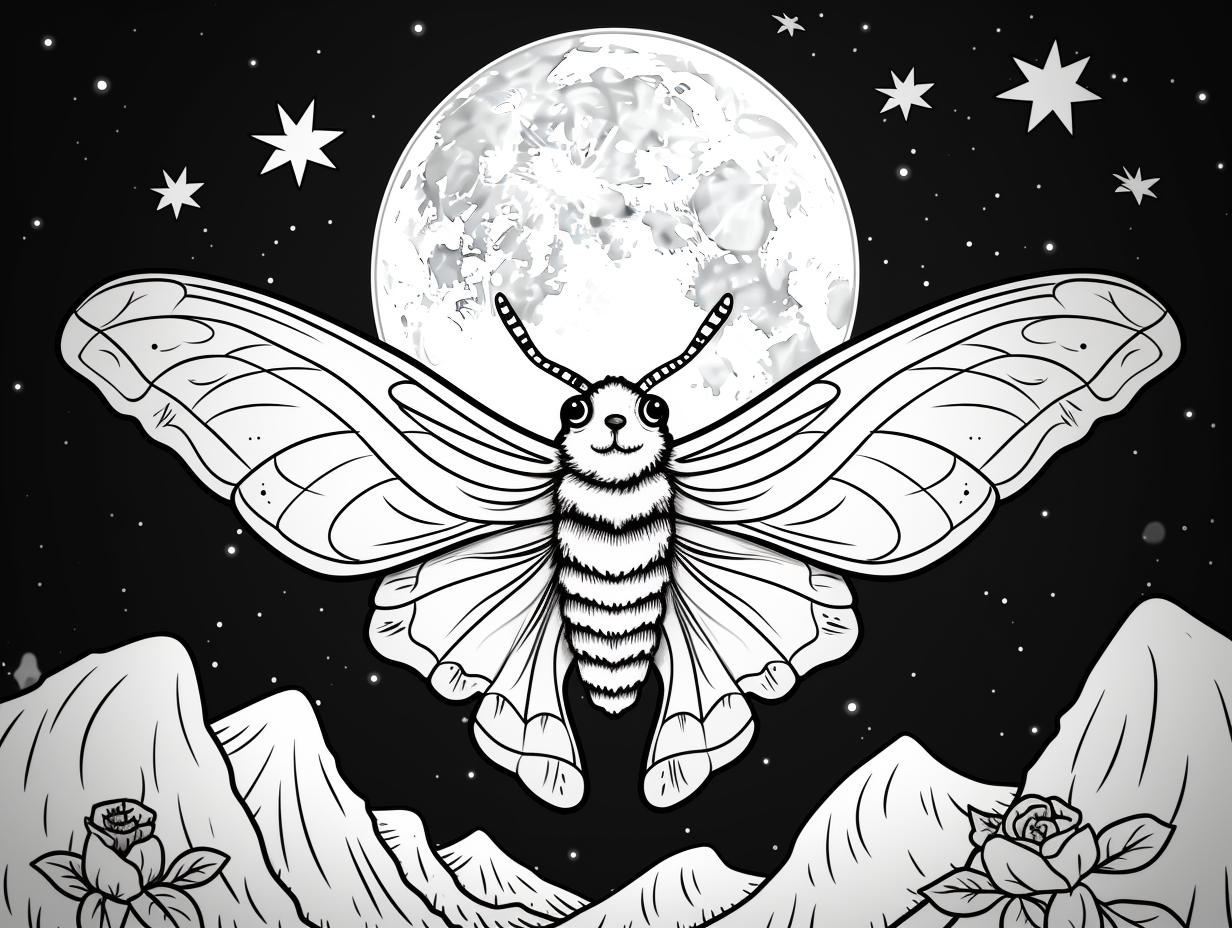 A Cute Happy Moth Flying Under A Moonlit Sky - Coloring Page