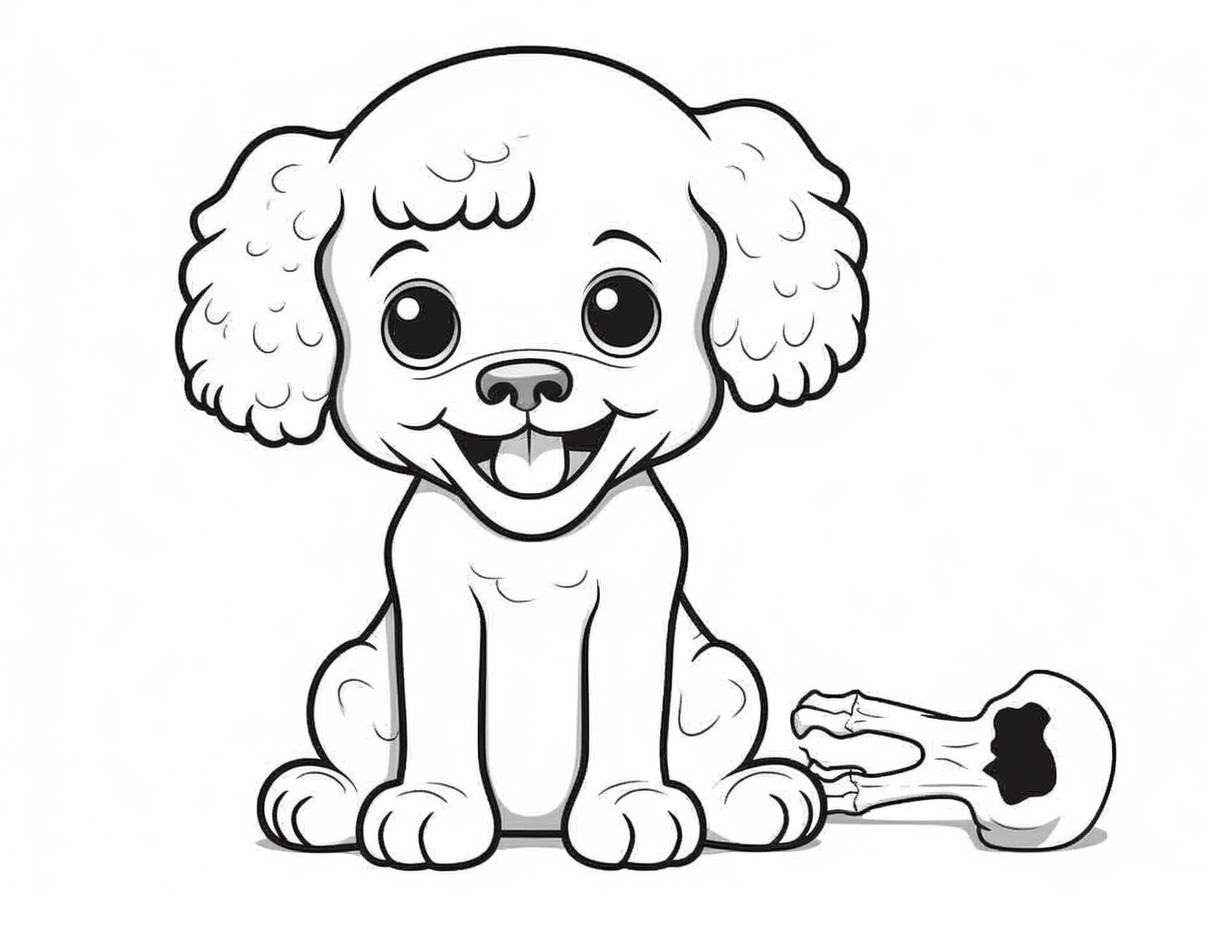 A Cute Happy Poodle Next To A Bone - Coloring Page
