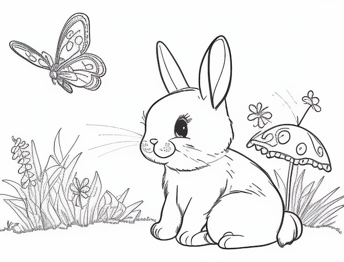 A Cute Happy Rabbit Next To A Butterfly - Coloring Page