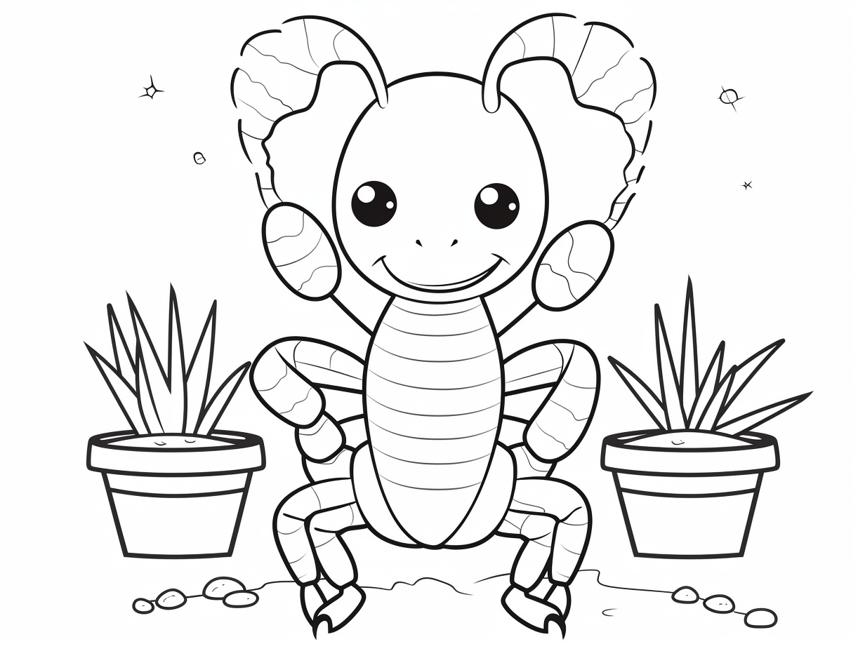 A Cute Happy Scorpion Next To A Cactus - Coloring Page