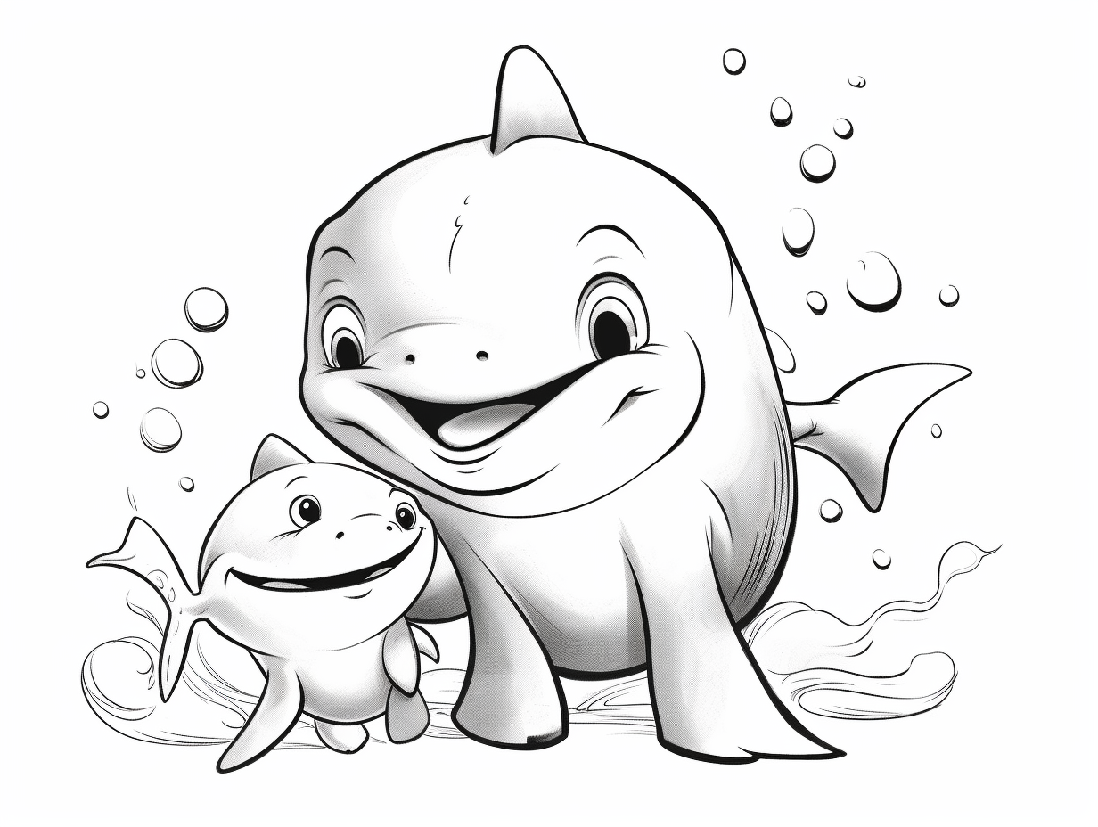 A Cute Happy Shark With A Friendly Dolphin - Coloring Page
