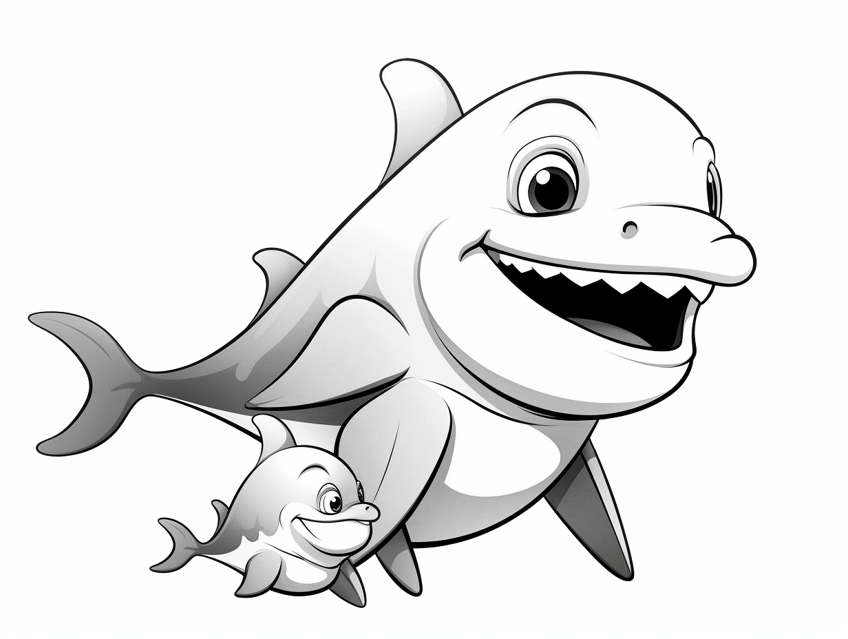 A Cute Happy Shark With A Friendly Dolphin - Coloring Page