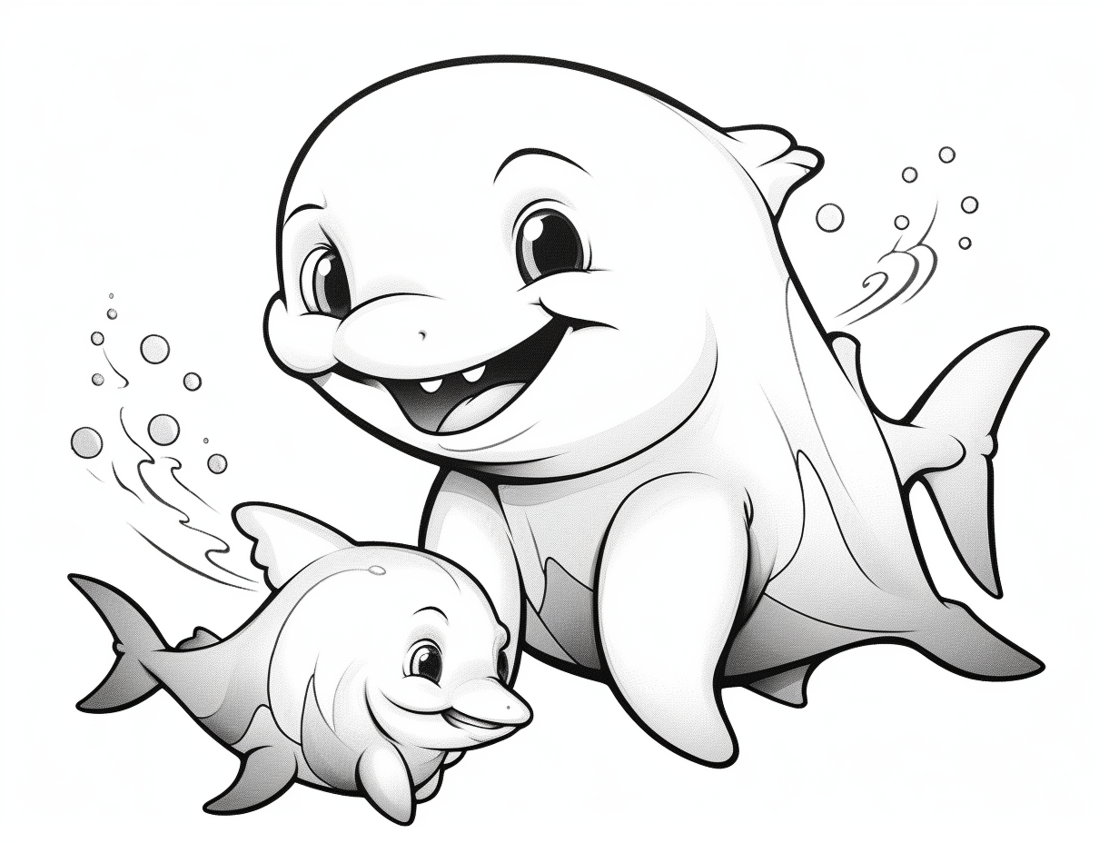 A Cute Happy Shark With A Friendly Dolphin - Coloring Page
