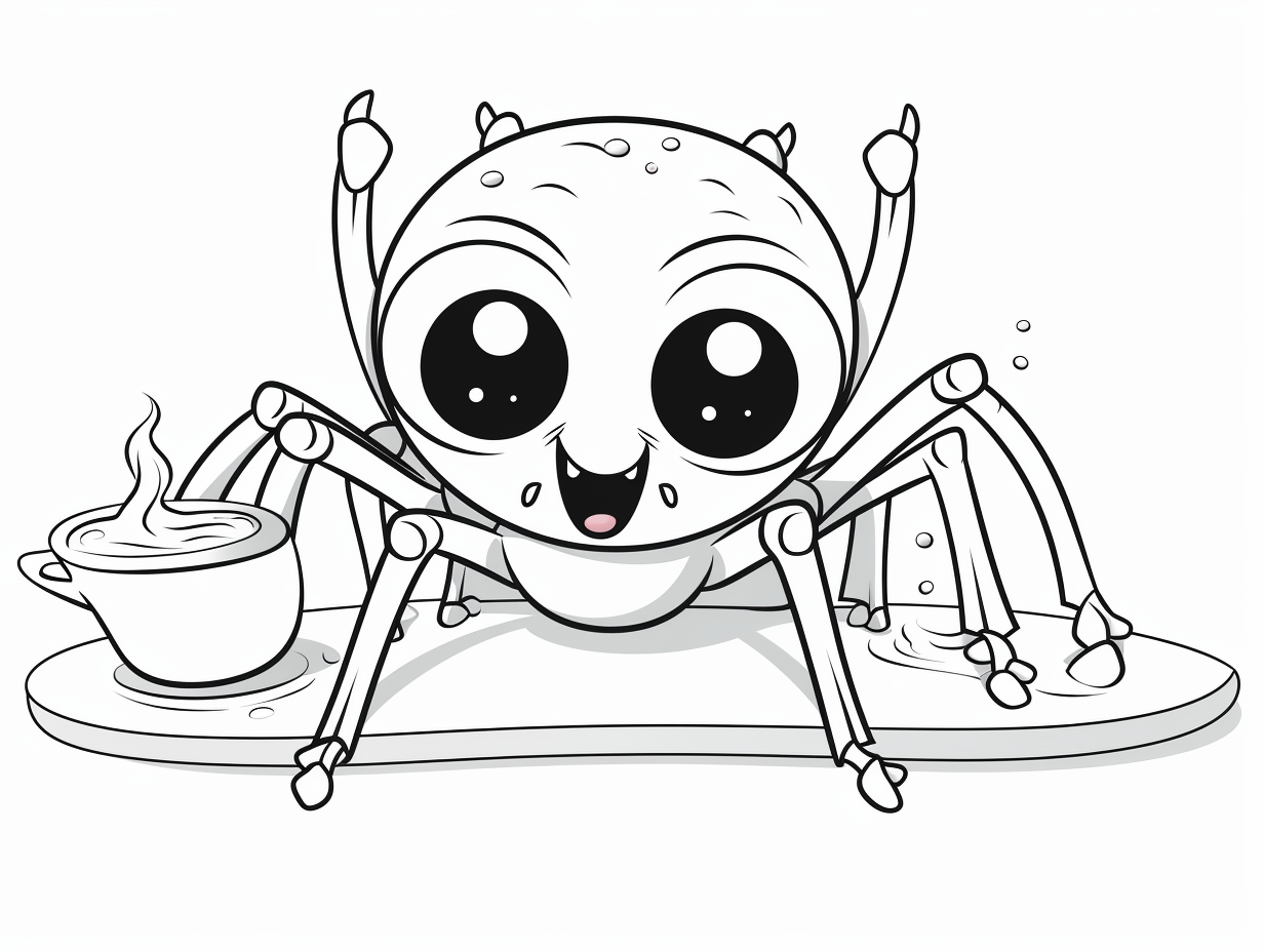 A Cute Happy Spider Cooking A Meal - Coloring Page