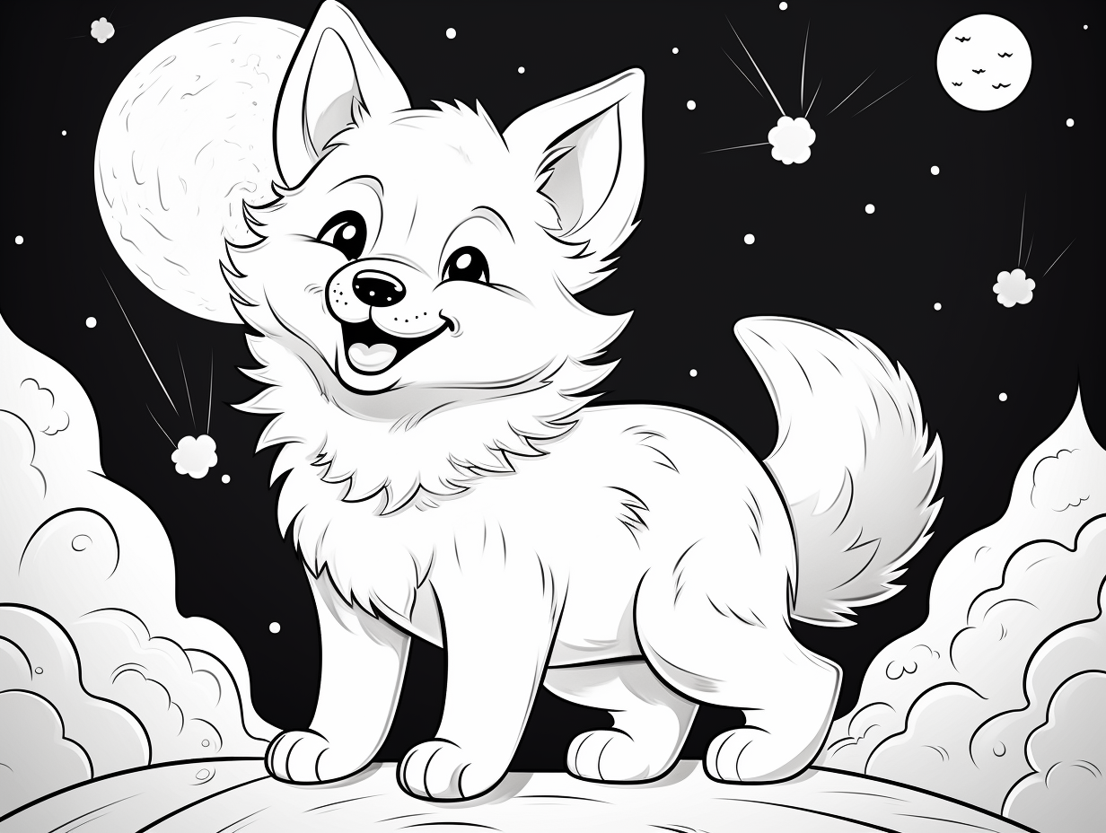 A Cute Happy Wolf Under A Full Moon - Coloring Page