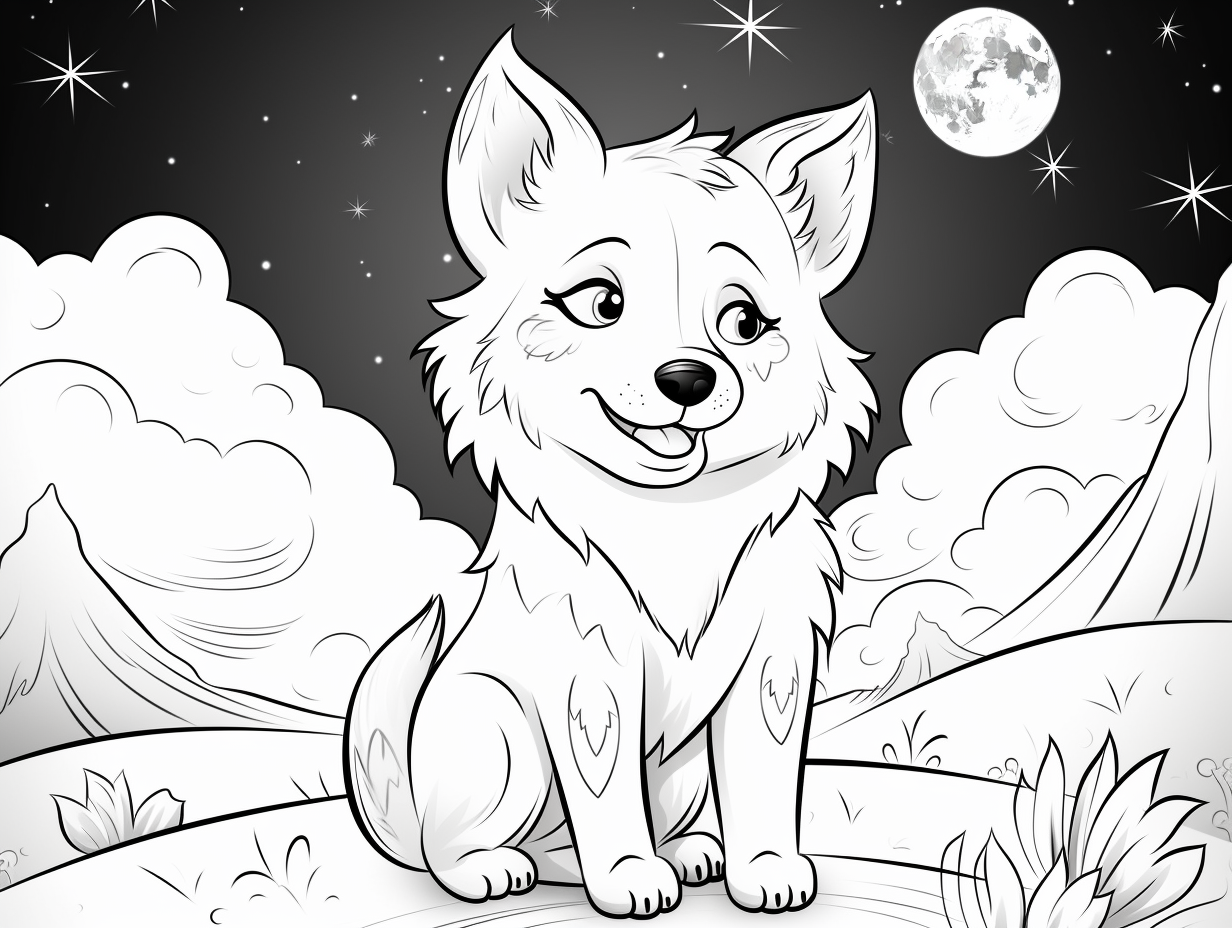 A Cute Happy Wolf Under A Full Moon - Coloring Page