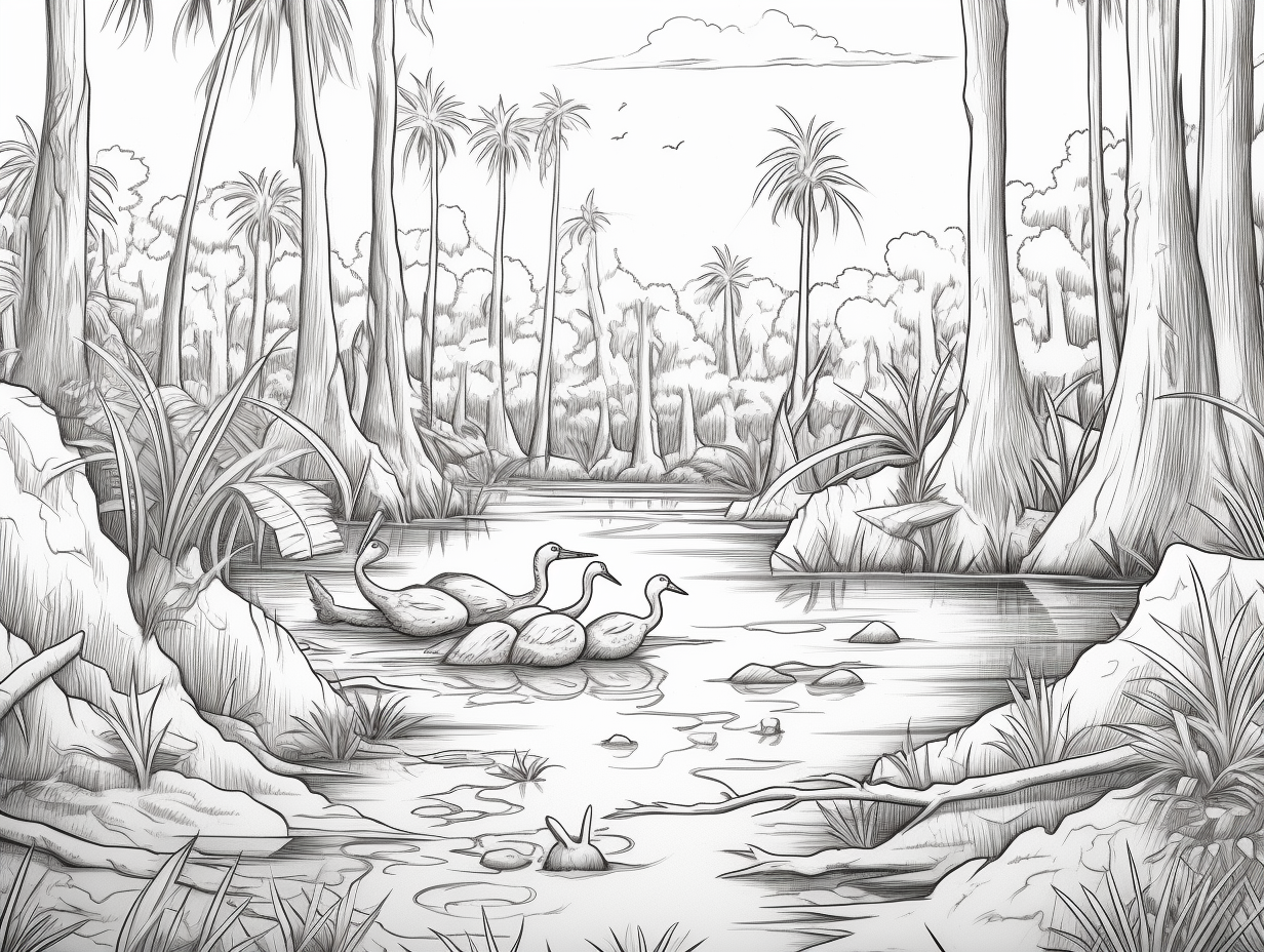 Adult Coloring: Swamp Ecosystem - Coloring Page