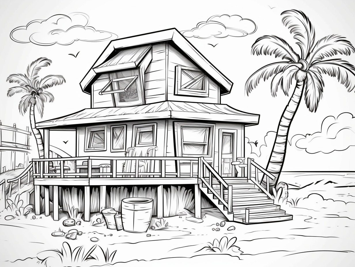 Beach House Coloring For Children - Coloring Page