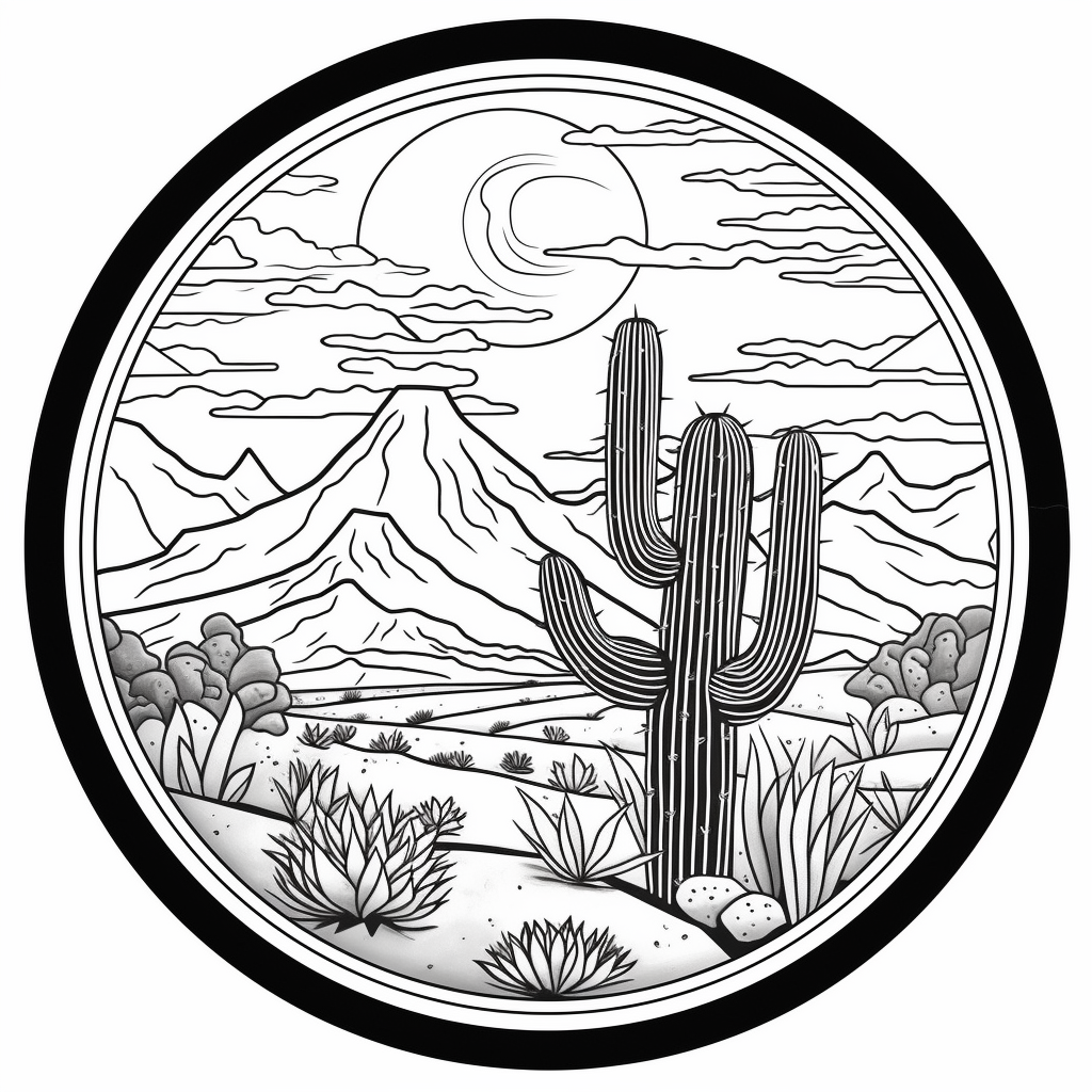 Cactus And Dunes Mandala Design - Coloring Page