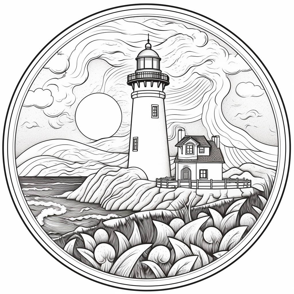 Coastal Lighthouse Mandala Design - Coloring Page