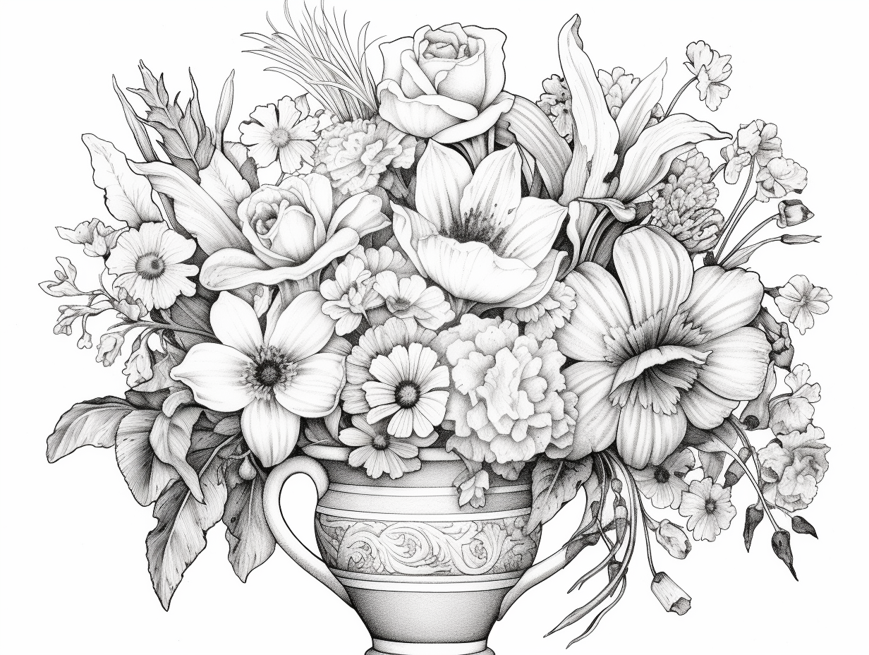 Colorful Flowers And Vase Design - Coloring Page