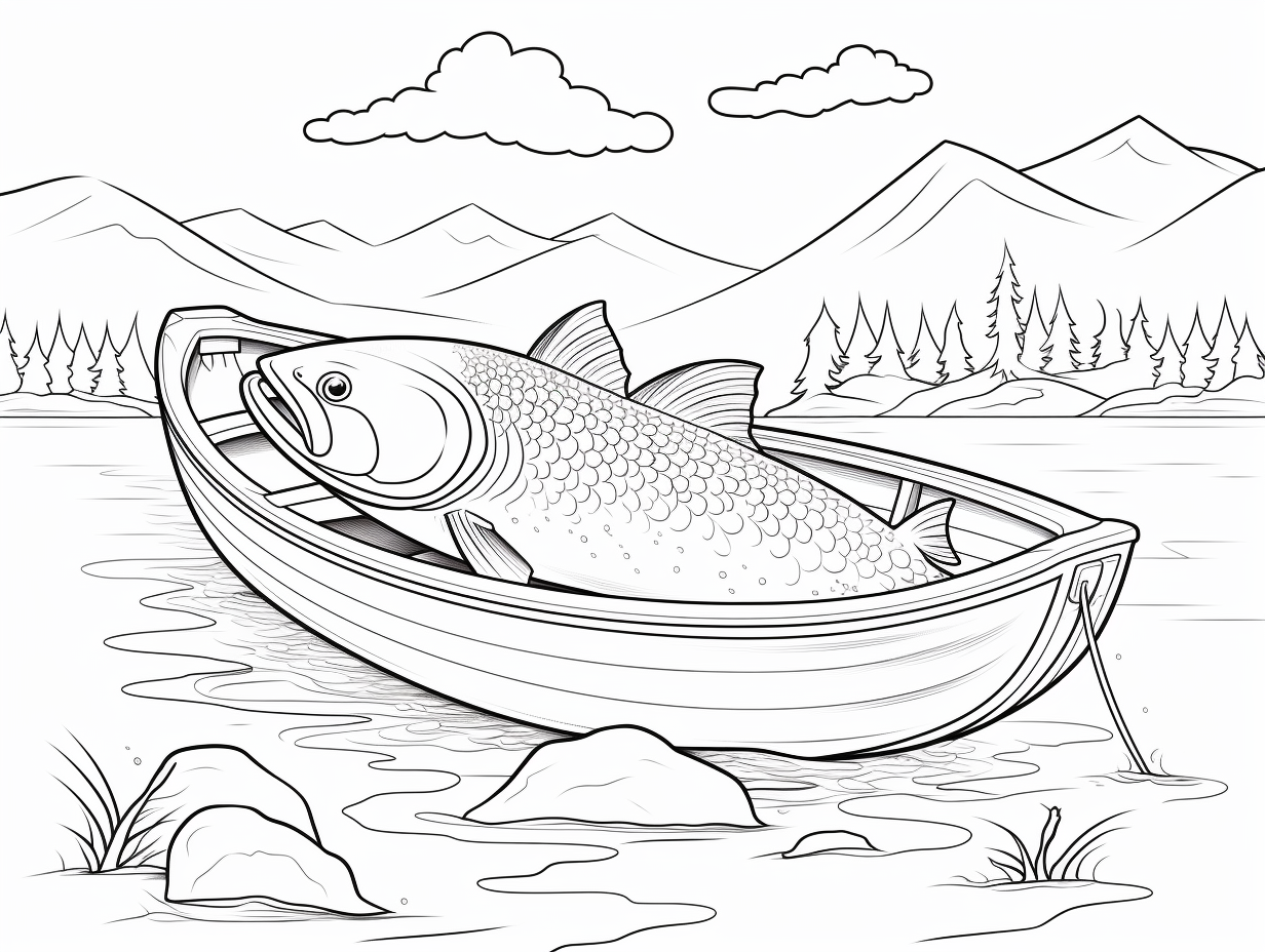 Cute Trout In A Lake Scene - Coloring Page