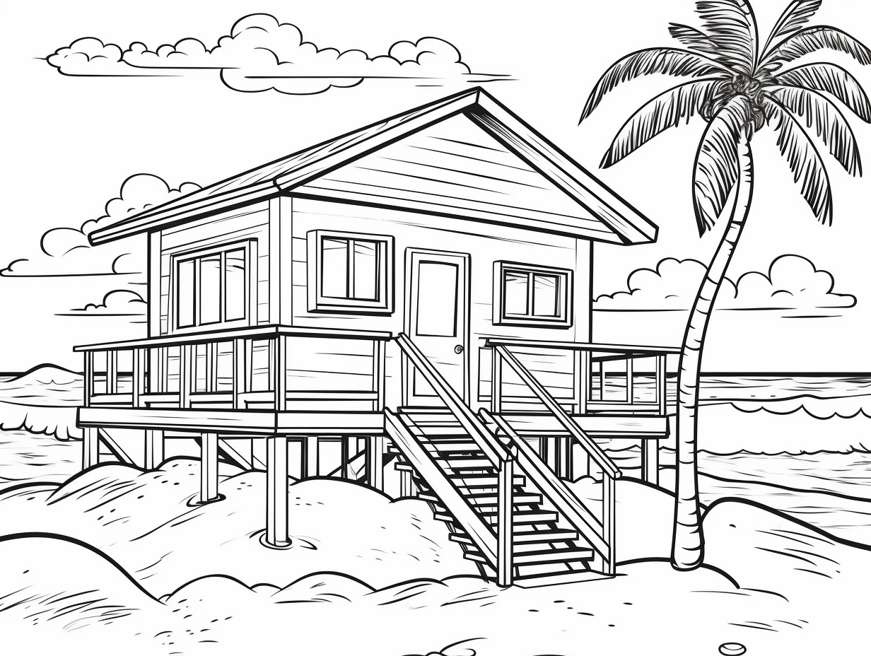 Peaceful Beach House Coloring - Coloring Page